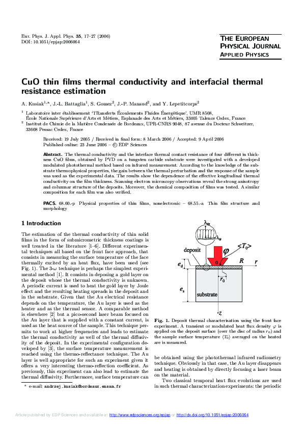 (PDF) CuO thin films thermal conductivity and interfacial thermal ...