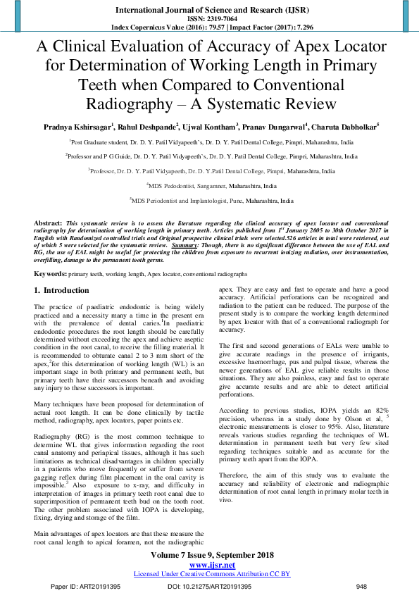 Pdf A Clinical Evaluation Of Accuracy Of Apex Locator For Determination Of Working Length In