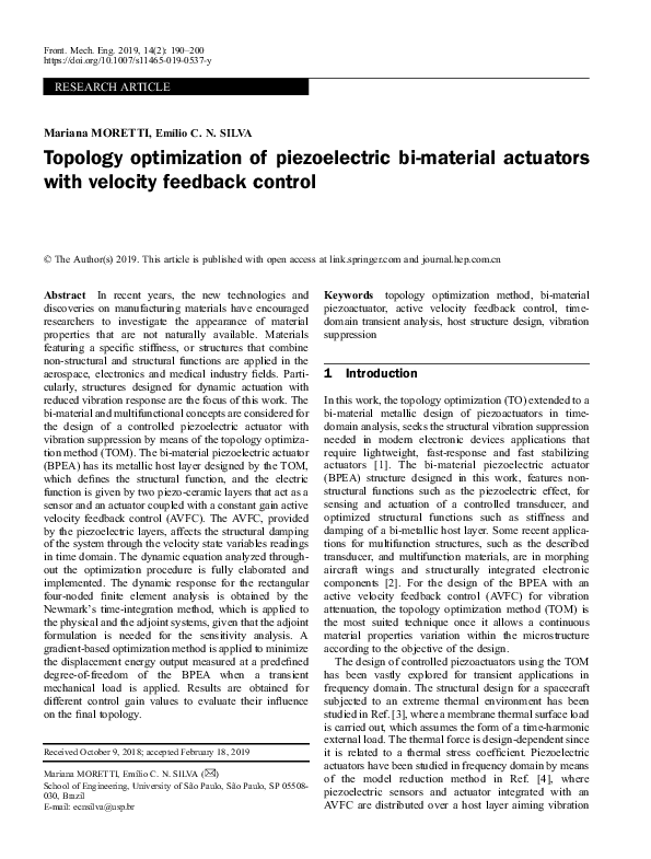 (PDF) Topology optimization of piezoelectric bi-material actuators with velocity feedback control