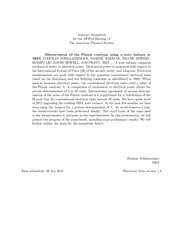 (PDF) Measurement of the Planck constant using a watt balance at NIST
