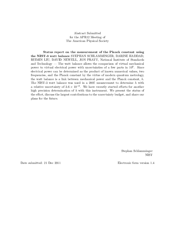 (PDF) Status report on the measurement of the Planck constant using the ...