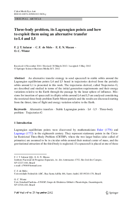(PDF) Three-body problem, its Lagrangian points and how to exploit them ...