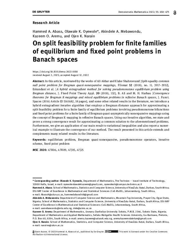 (PDF) On split feasibility problem for finite families of equilibrium and fixed point problems ...