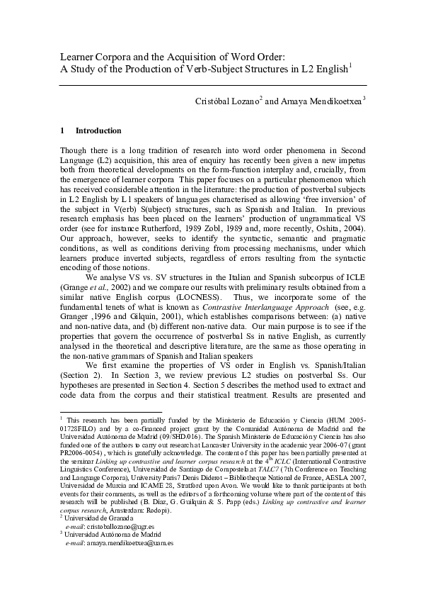 (PDF) Learner corpora and the acquisition of word order: A study of the ...