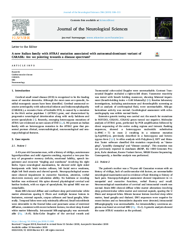 (PDF) A new Italian family with HTRA1 mutation associated with ...