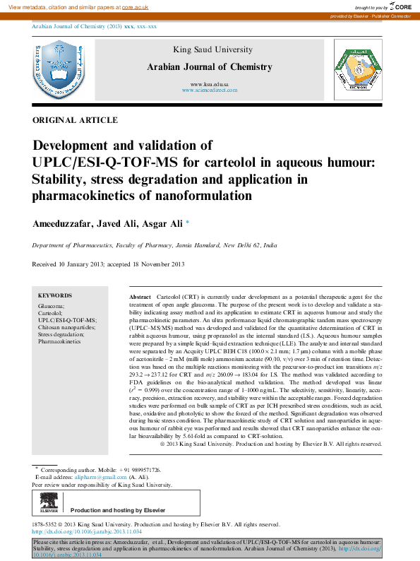 (PDF) Development and validation of UPLC/ESI-Q-TOF-MS for carteolol in aqueous humour: Stability ...