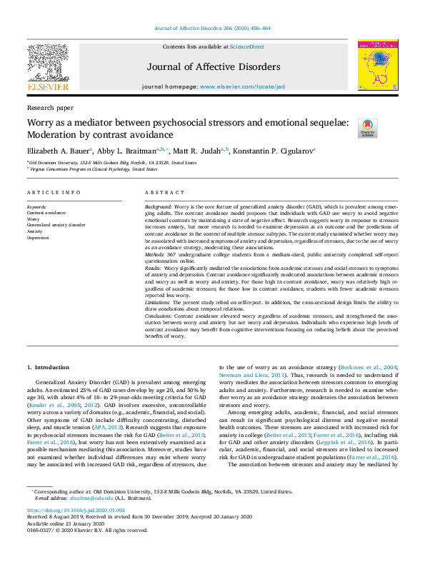 (PDF) Worry as a mediator between psychosocial stressors and emotional ...