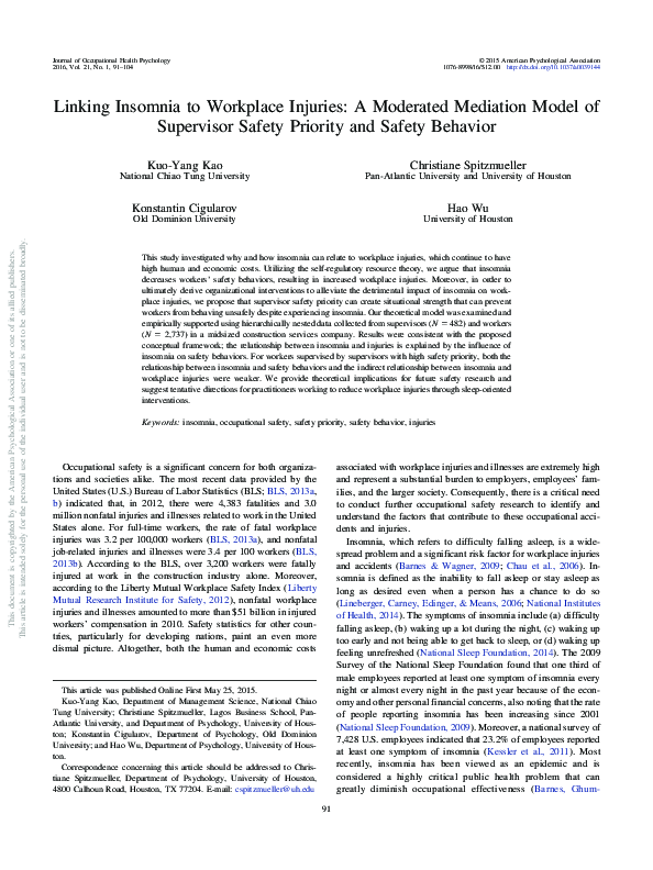 (PDF) Linking Insomnia to Workplace Injuries: A Moderated Mediation Model of Supervisor Safety ...