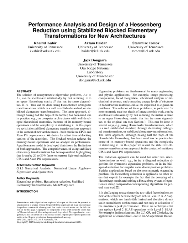 (PDF) Performance analysis and design of a hessenberg reduction using stabilized blocked ...