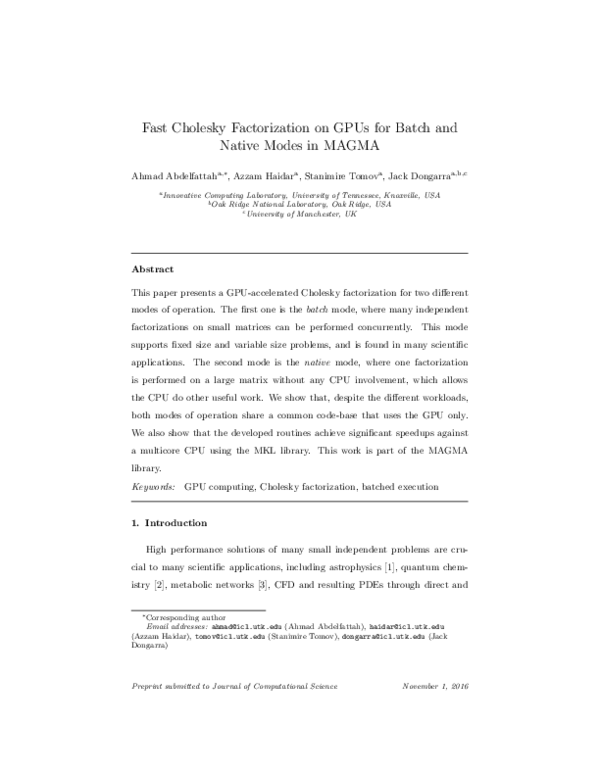 Pdf Fast Cholesky Factorization On Gpus For Batch And Native Modes In Magma
