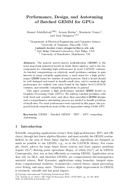 (PDF) Performance, Design, and Autotuning of Batched GEMM for GPUs