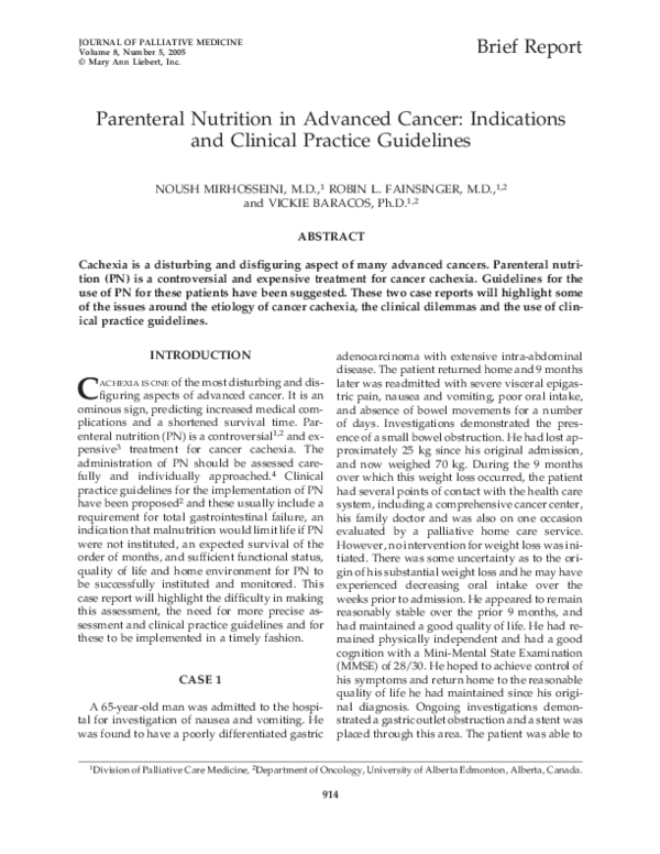 (PDF) Parenteral Nutrition in Advanced Cancer: Indications and Clinical ...