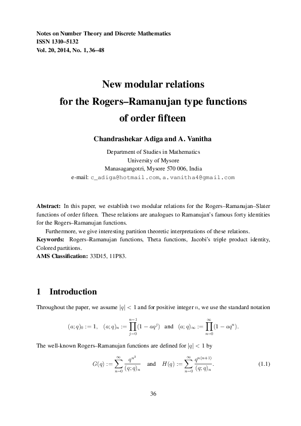 (PDF) Some new modular relations for the Rogers–Ramanujan type ...