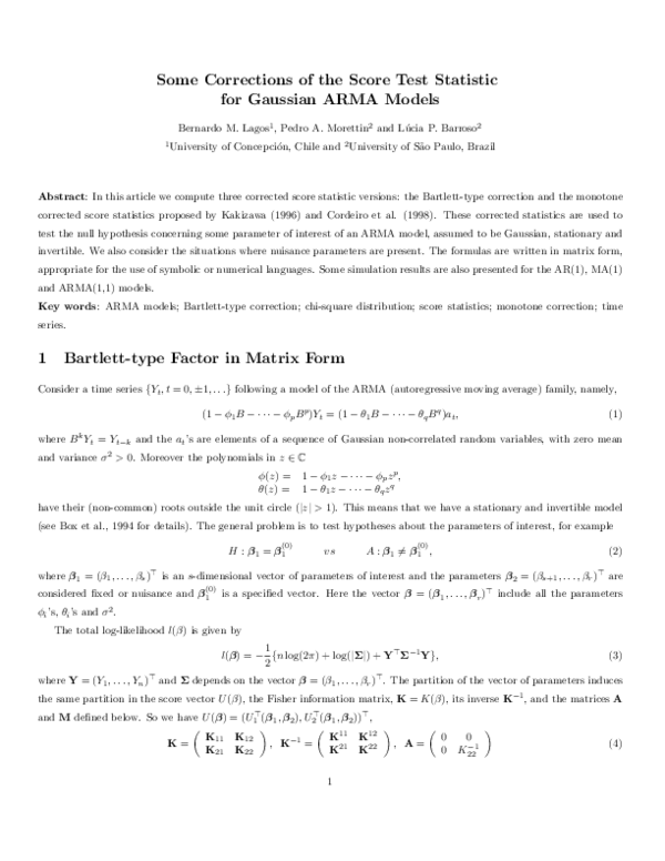 (PDF) Some corrections of the score test statistic for Gaussian ARMA models