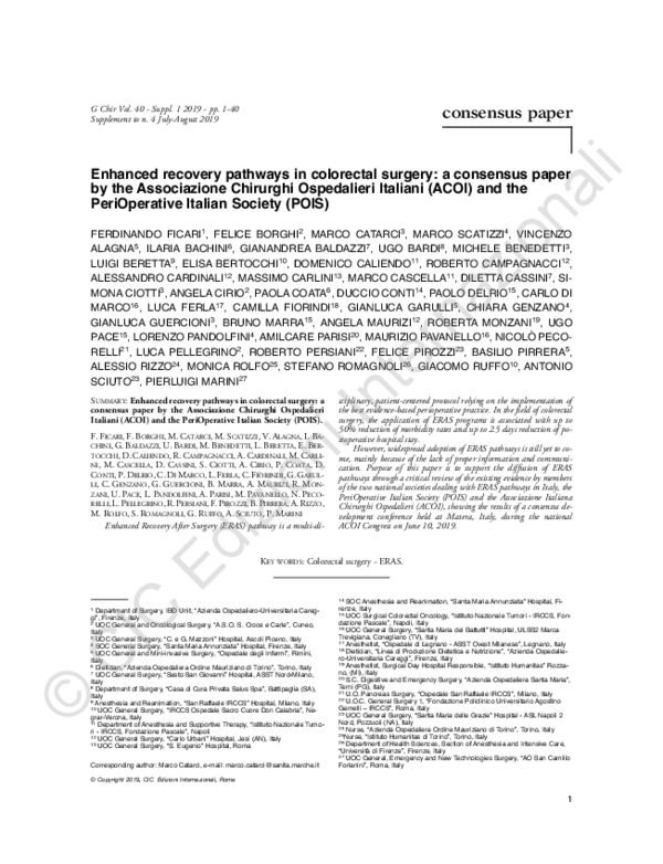 (PDF) Enhanced recovery pathways in colorectal surgery: a consensus ...