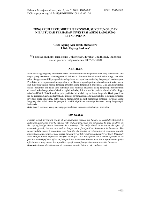 (PDF) Pengaruh Pertumbuhan Ekonomi, Suku Bunga, dan Nilai Tukar terhadap Investasi Asing ...