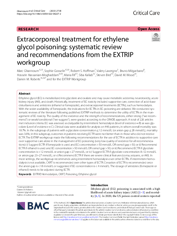(PDF) Extracorporeal treatment for ethylene glycol poisoning ...