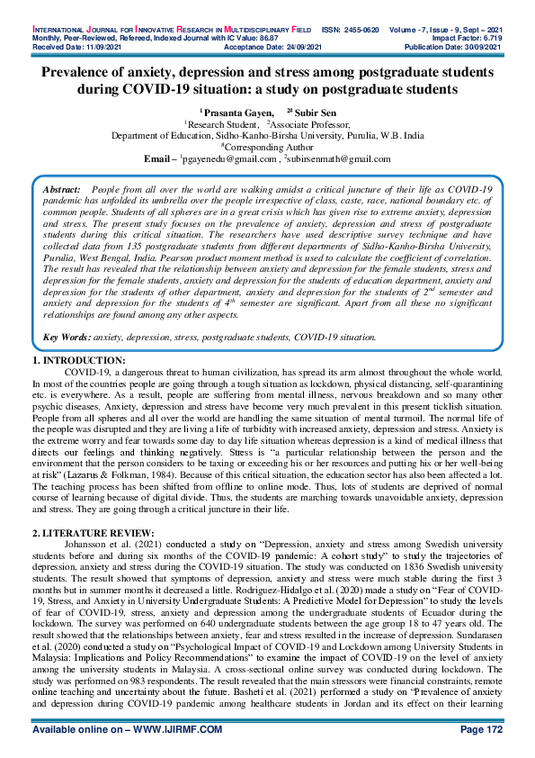 (PDF) Prevalence of anxiety, depression and stress among postgraduate ...