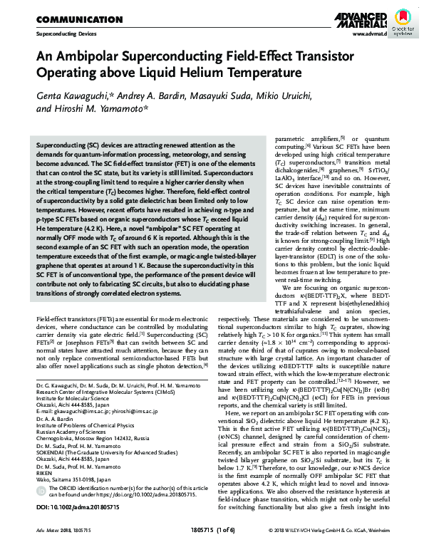 (PDF) An Ambipolar Superconducting Field-Effect Transistor Operating above Liquid Helium Temperature