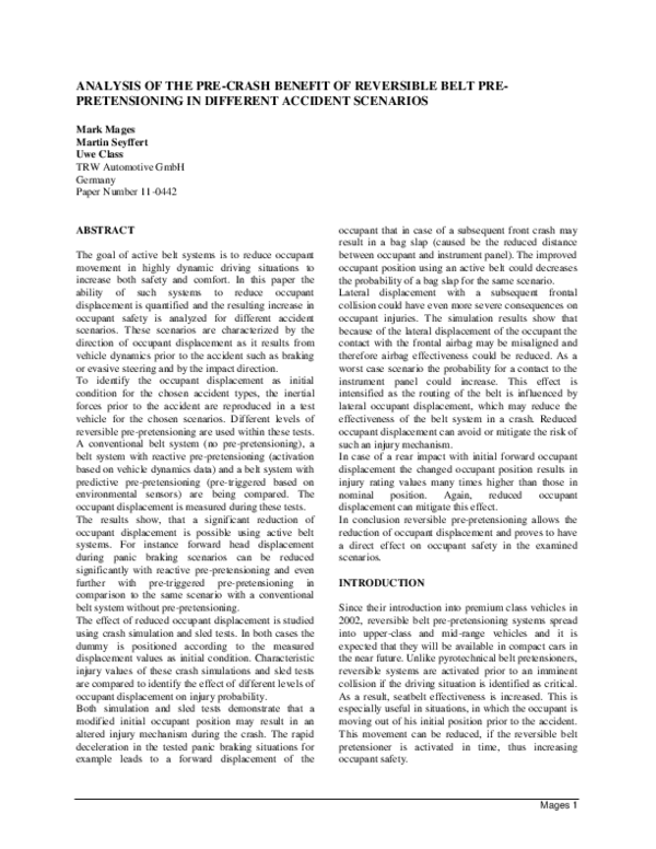 (PDF) Analysis of the pre-crash benefit of reversible belt pre ...