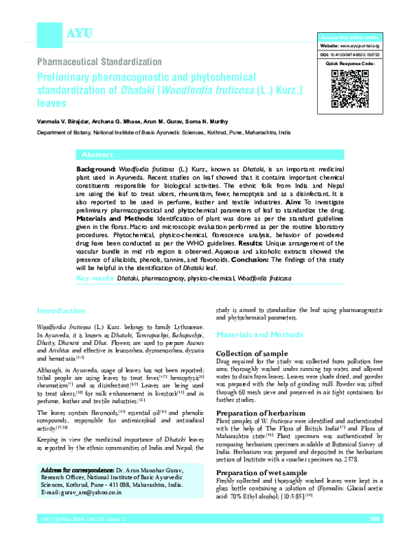 (PDF) Preliminary pharmacognostic and phytochemical standardization of ...