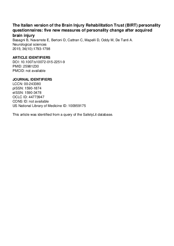 (PDF) The Italian version of the Brain Injury Rehabilitation Trust ...