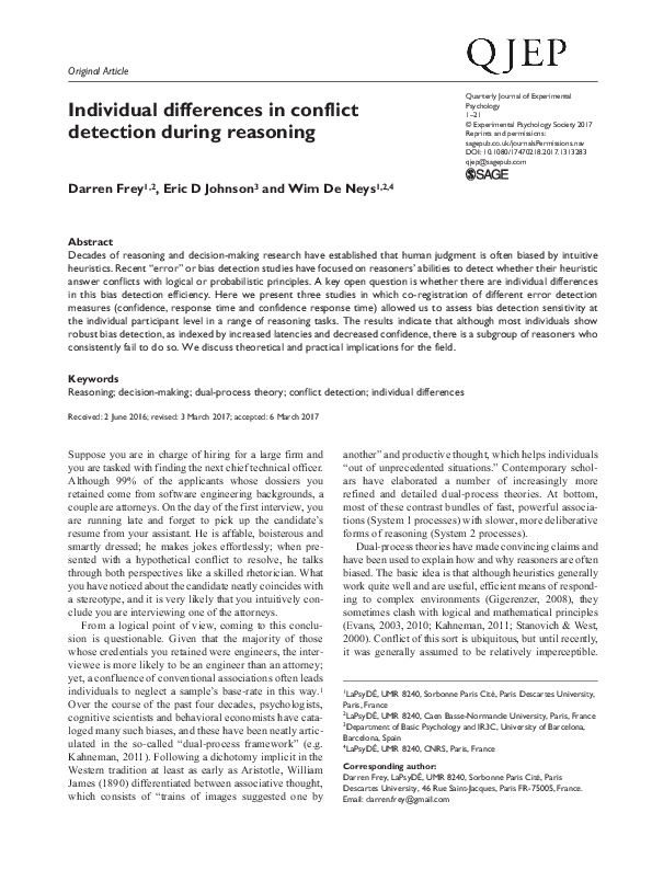 (PDF) Individual differences in conflict detection during reasoning