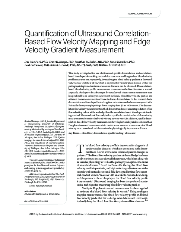Pdf Quantification Of Ultrasound Correlation Based Flow Velocity Mapping And Edge Velocity