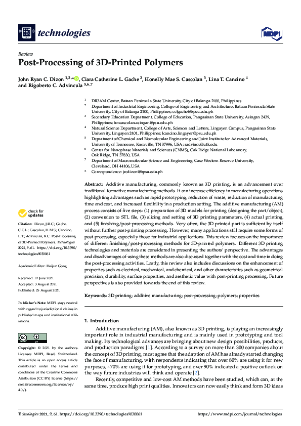 Pdf Post Processing Of 3d Printed Polymers