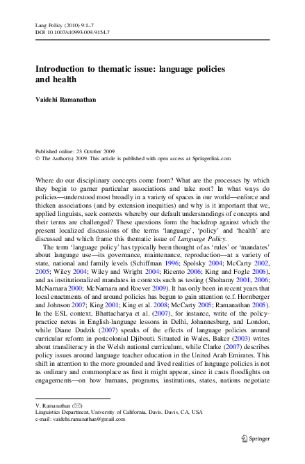 (PDF) Introduction to thematic issue: language policies and health ...