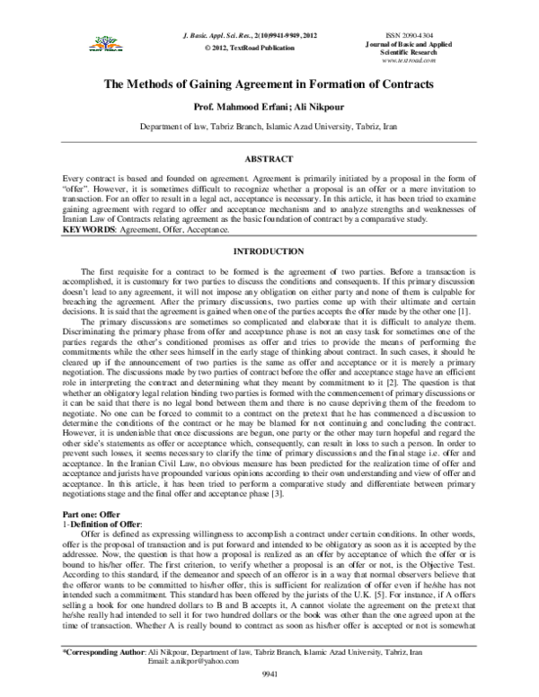(PDF) The Methods of Gaining Agreement in Formation of Contracts