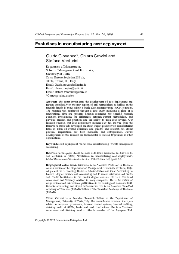 (PDF) Evolutions in manufacturing cost deployment