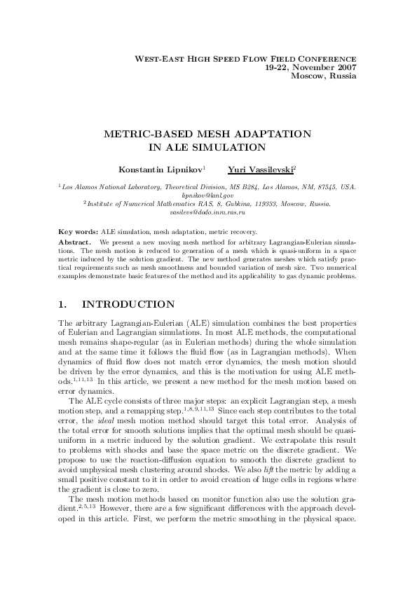 Pdf Metric Based Mesh Adaptation In Ale Simulation