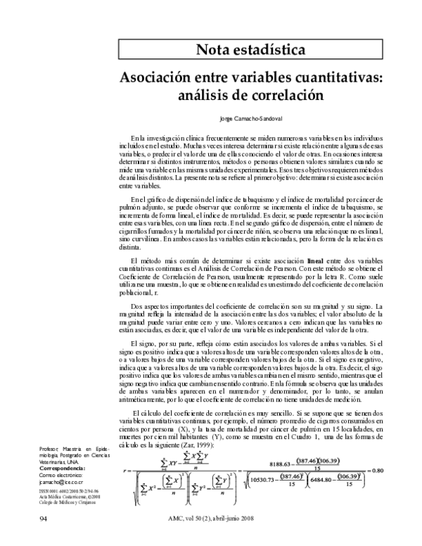 (PDF) Asociación entre variables cuantitativas: análisis de correlación