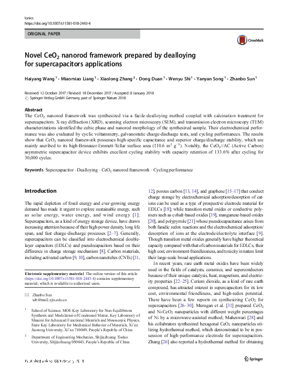 Pdf Novel Ceo2 Nanorod Framework Prepared By Dealloying For Supercapacitors Applications