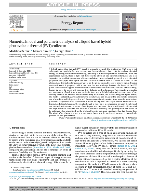 (PDF) Numerical model and parametric analysis of a liquid based hybrid photovoltaic thermal (PVT ...