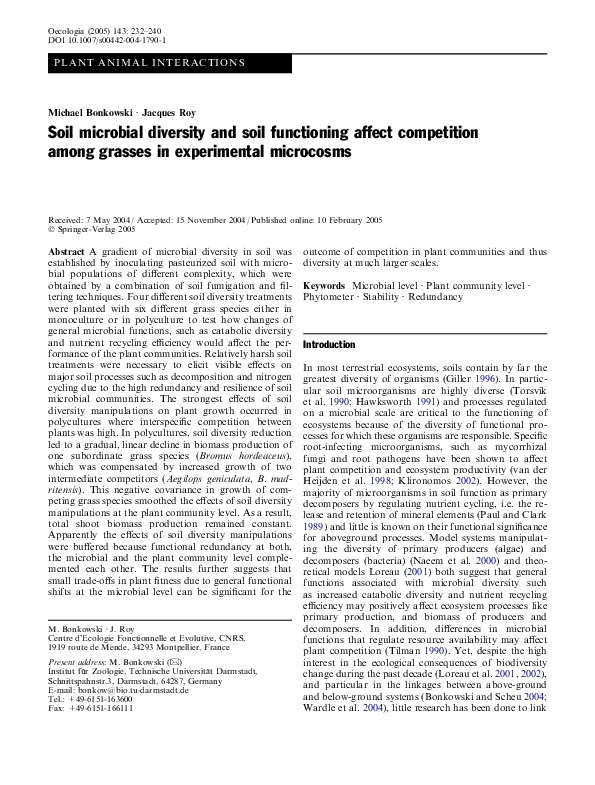 (PDF) Soil microbial diversity and soil functioning affect competition among grasses in ...