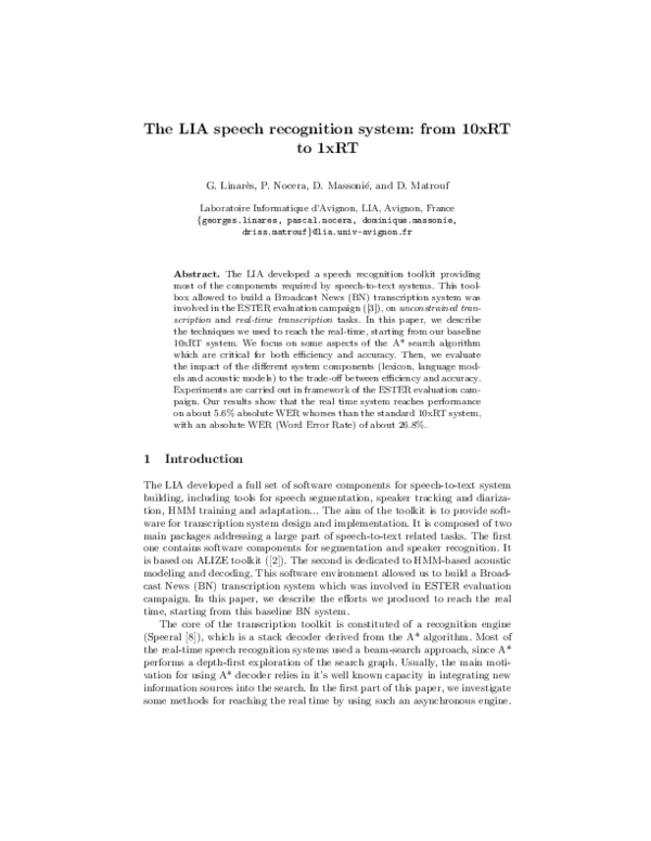 (PDF) The LIA Speech Recognition System: From 10xRT to 1xRT
