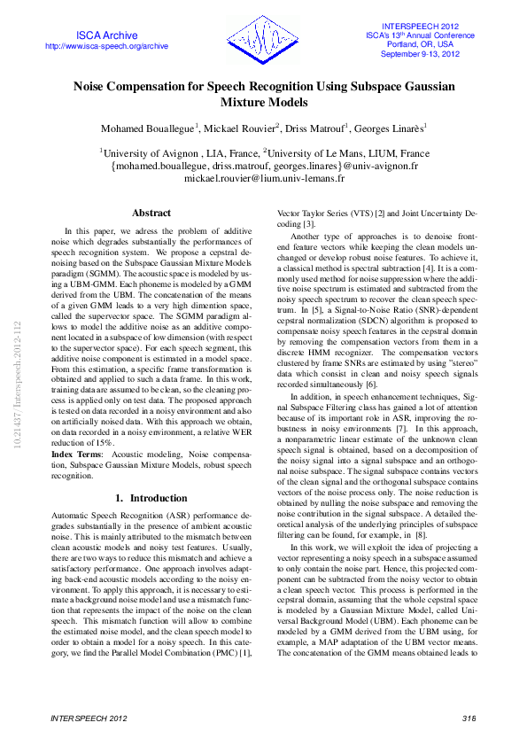 Pdf Noise Compensation For Speech Recognition Using Subspace Gaussian Mixture Models