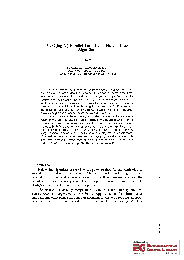 Pdf An O Log N Parallel Time Exact Hidden Line Algorithm Frank Devai