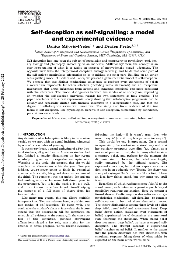(PDF) Self-deception as self-signalling: a model and experimental evidence
