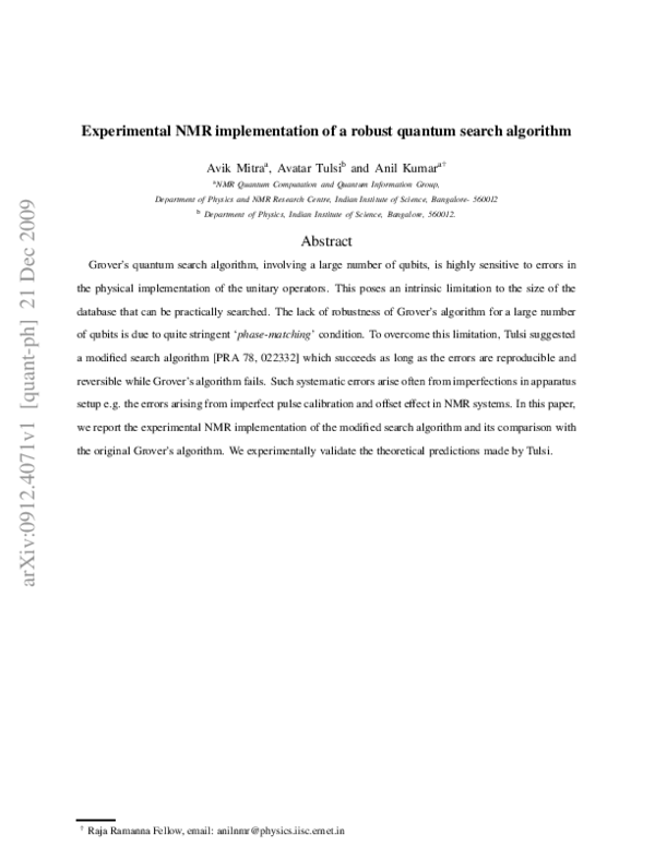 Pdf Experimental Nmr Implementation Of A Robust Quantum Search Algorithm