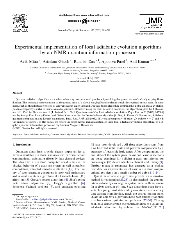 (PDF) Experimental implementation of local adiabatic evolution algorithms by an NMR quantum ...