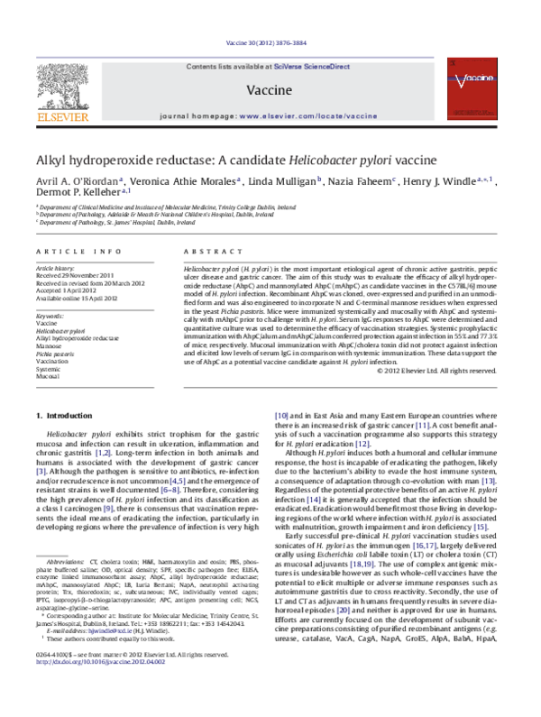 (PDF) Alkyl hydroperoxide reductase: A candidate Helicobacter pylori ...