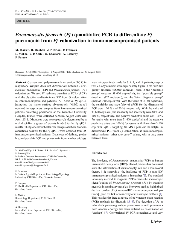 (PDF) Pneumocystis jirovecii (Pj) quantitative PCR to differentiate Pj ...