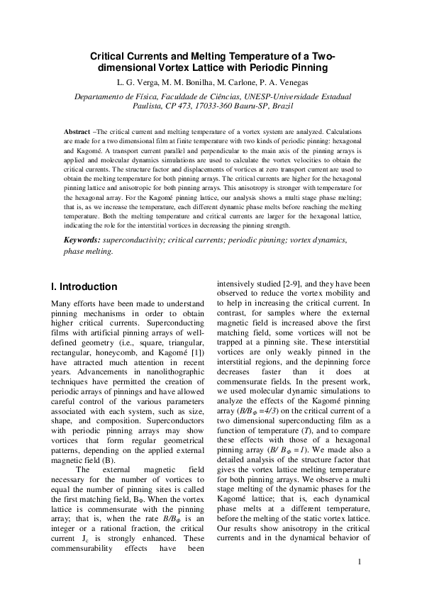 (PDF) Critical Currents and Melting Temperature of a Two-Dimensional ...