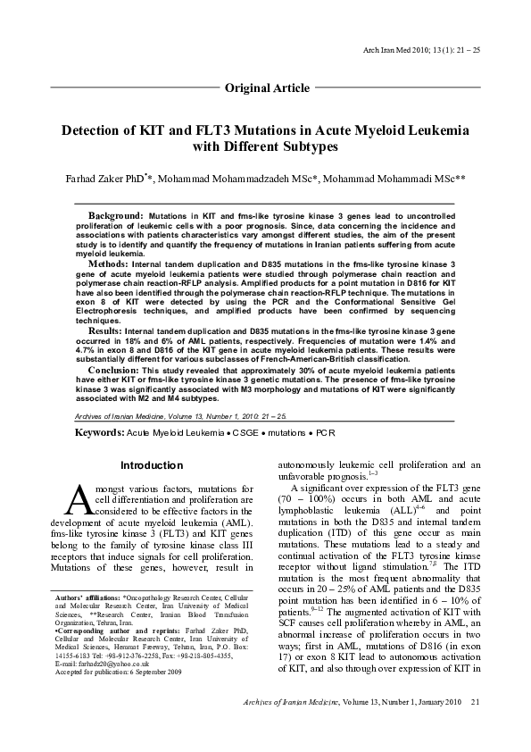 (PDF) Detection of KIT and FLT3 mutations in acute myeloid leukemia ...