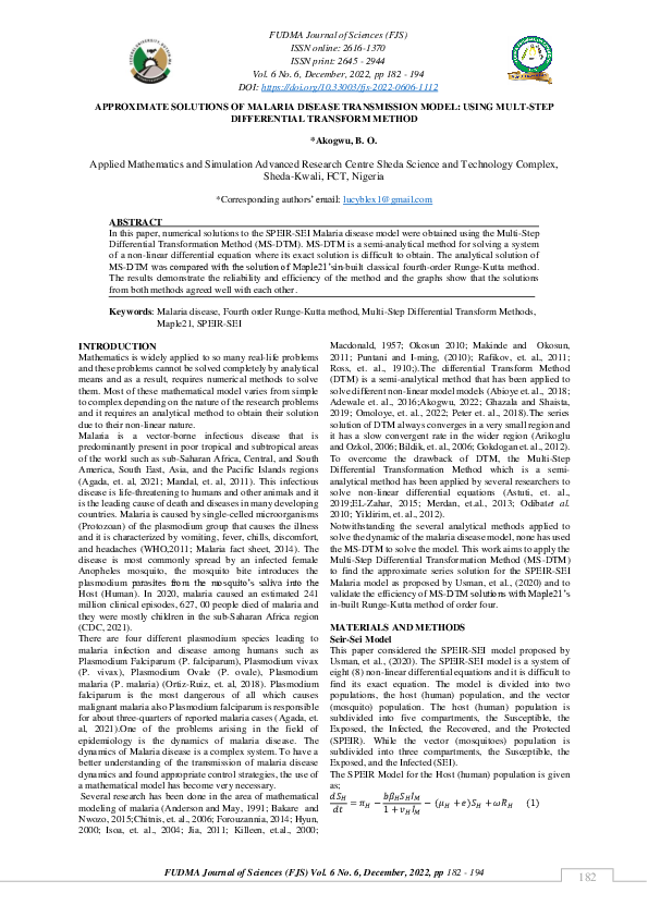 (PDF) The APPROXIMATE SOLUTIONS OF MALARIA DISEASE TRANSMISSION MODEL: USING MUTI-STEP ...