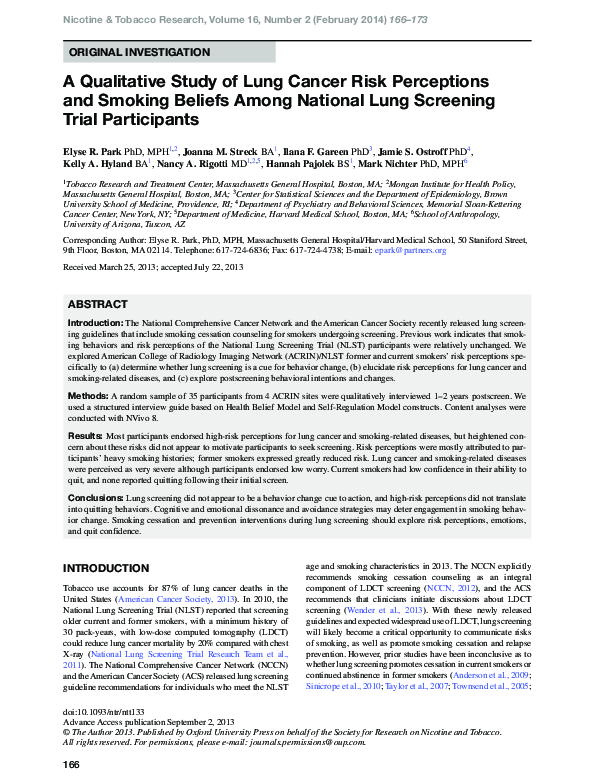 (PDF) A Qualitative Study of Lung Cancer Risk Perceptions and Smoking ...