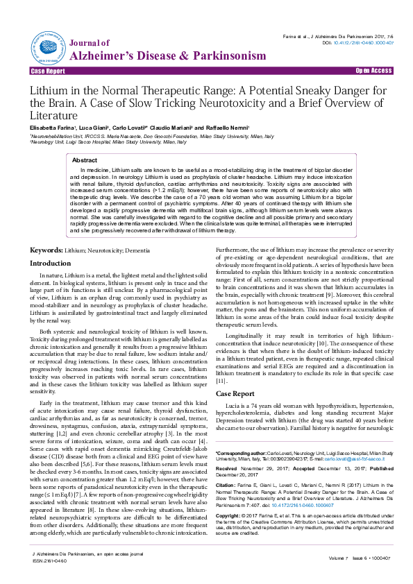 (PDF) Lithium in the Normal Therapeutic Range: A Potential Sneaky ...